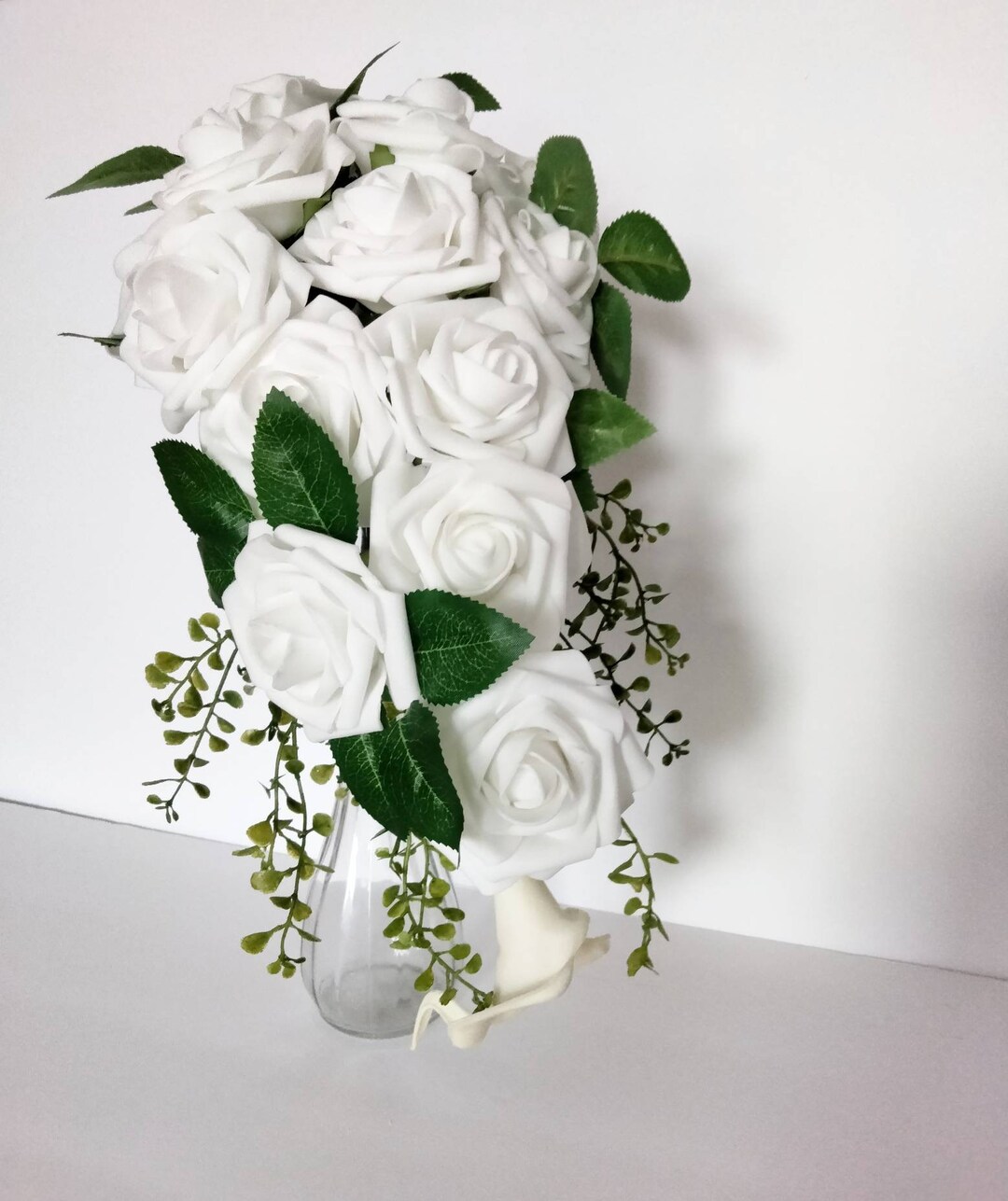 Cascading Teardrop White Rose Bouquet With Boxwood Greenery and Leaves ...