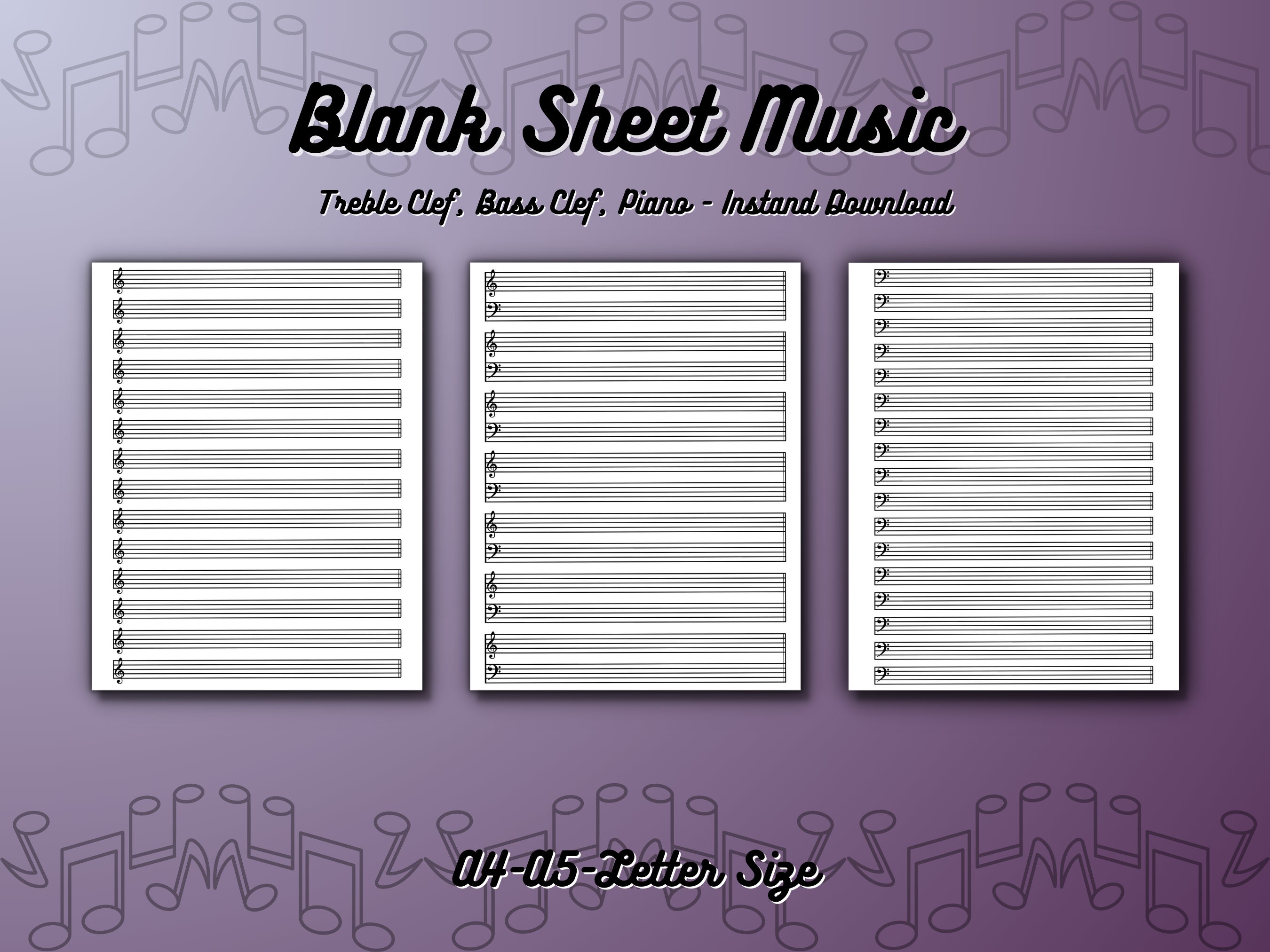 Printable Blank Sheet Music Treble Clef, Bass Clef, Piano. Three PDF ...