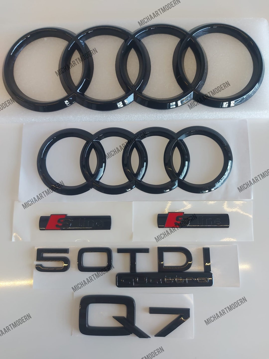 Audi Q7 Set 50 TDI Quattro, Emblem, Glossy Black, Gloss Black, New in Foil, Lettering, New ...
