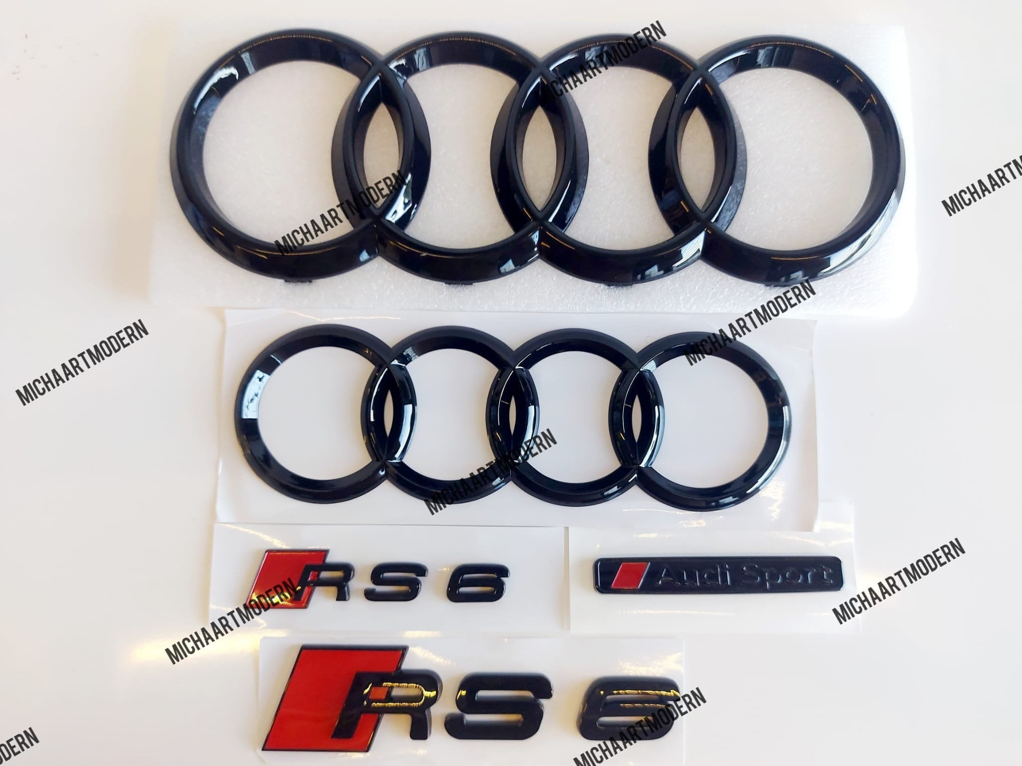 Audi RS6, Front and Rear Set, Emblem, Black Glossy, Gloss Black, New in ...