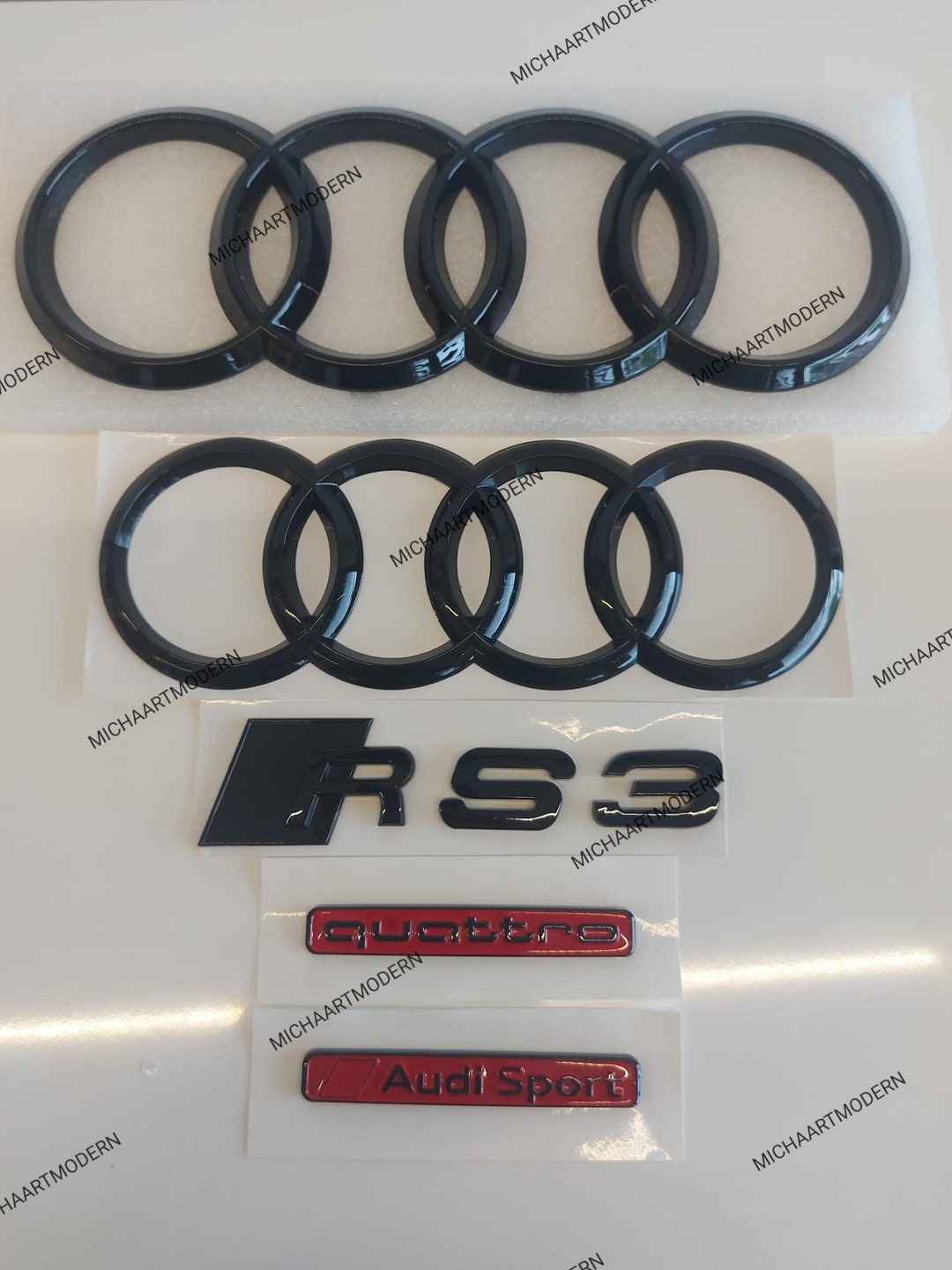 Audi RS3 Set Emblem, Glossy Black, Gloss Black, New in Foil, Badges ...