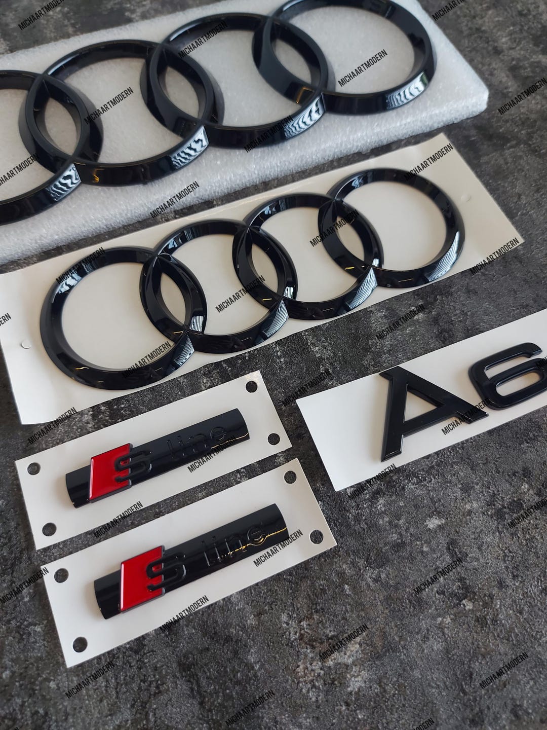 A6 Set for Audi, Quattro Sline Emblem, Gloss Black, New in Foil, Badges ...