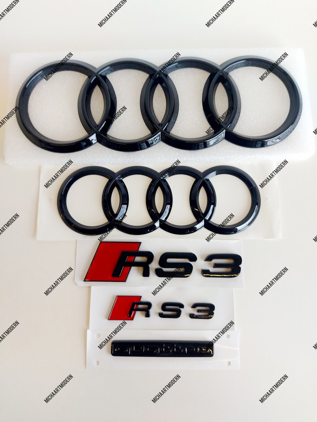 Audi RS3, Front and Rear Set, Emblem, Glossy Black, Gloss Black, New in ...