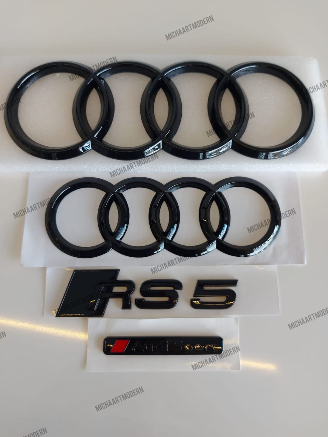 Audi RS5 Emblem Set, Gloss Black, Brand New in Foil, Badges Package ...