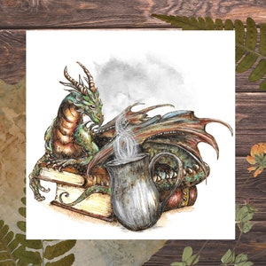 10x10 Dragon and Coffee Art Print, Dragon Art Print, Dragon ...