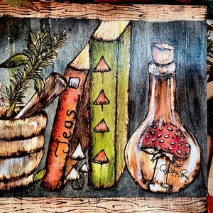Pyrography Apothecary Shelf Painting, Witch Apothecary, Witch Painting ...