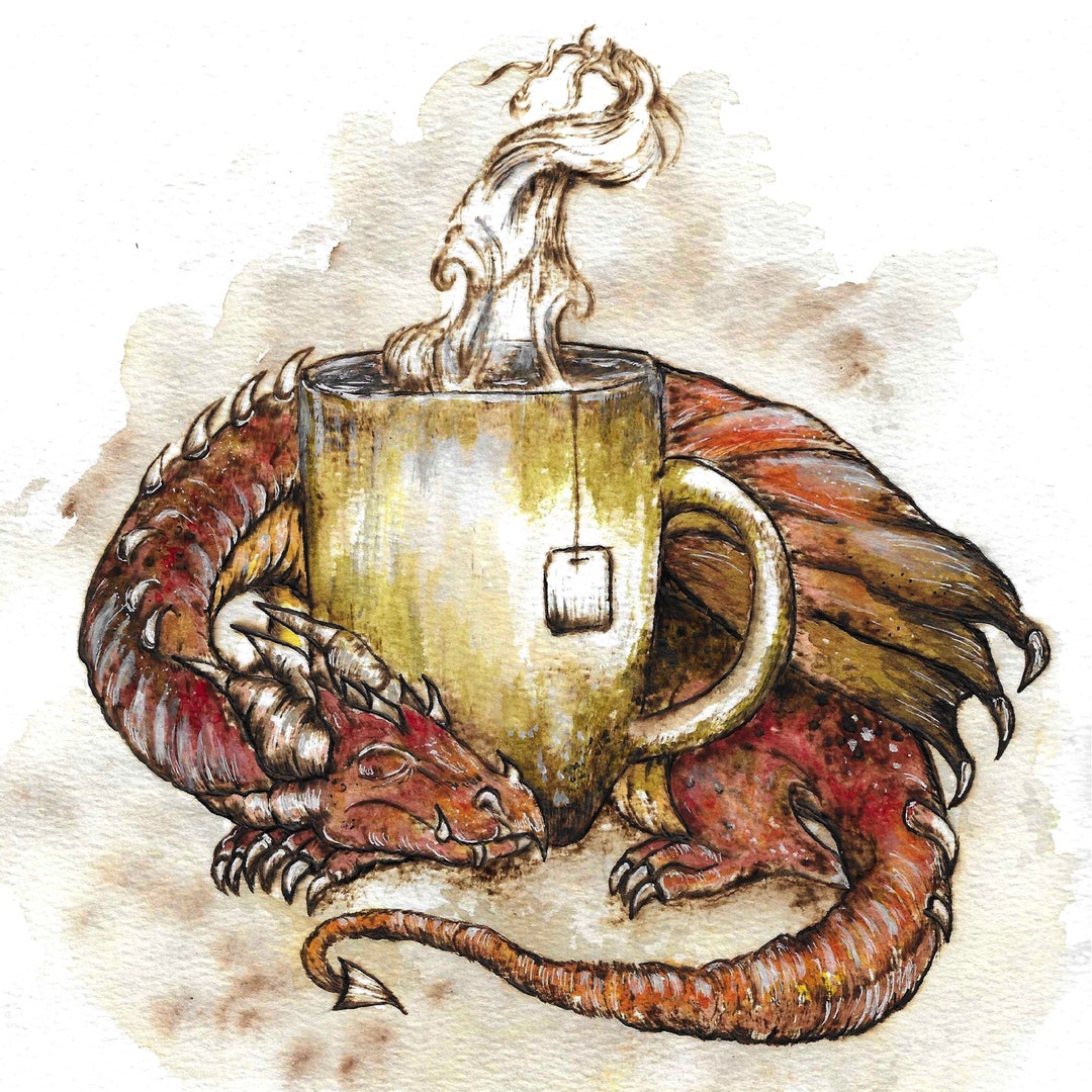 10x10 Dragon and Tea Art Print, Dragon Art Print, Dragon Illustration ...