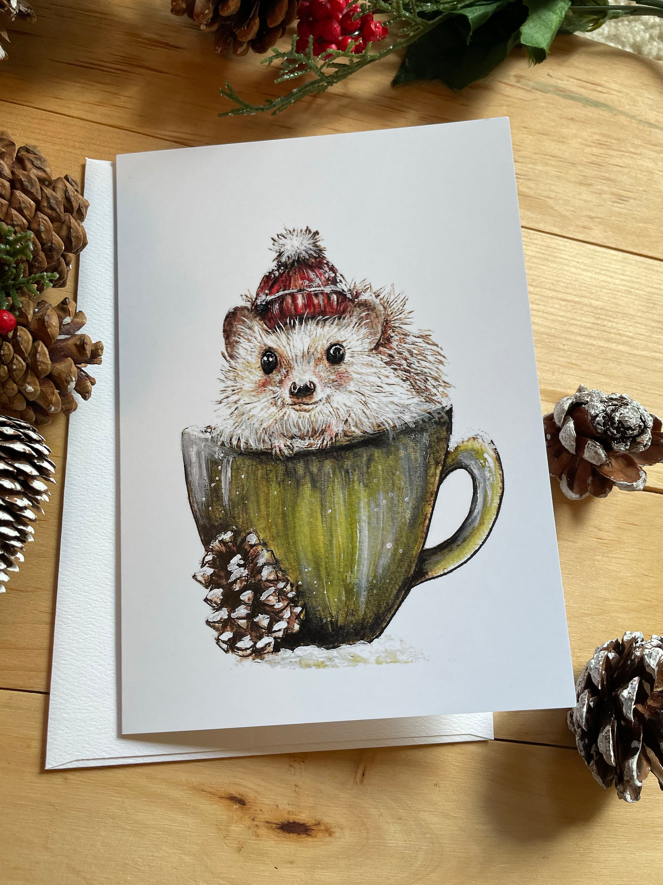 Hedgehog Christmas Card, Hedgehog Greeting Card, Hedgehog Art Card ...