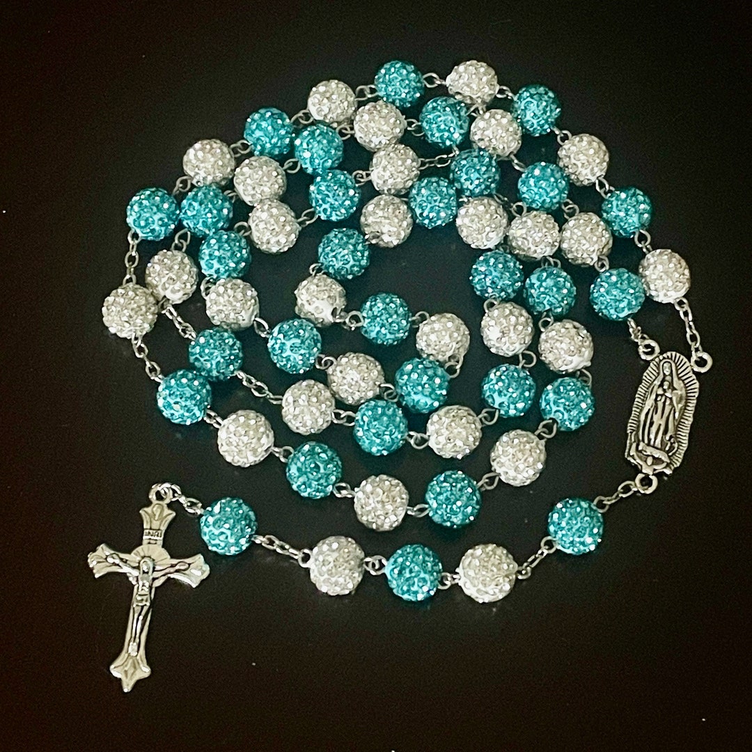Handmade Light Blue and White Glam Rosary- Sky Blue Rosary, Baby Blue ...