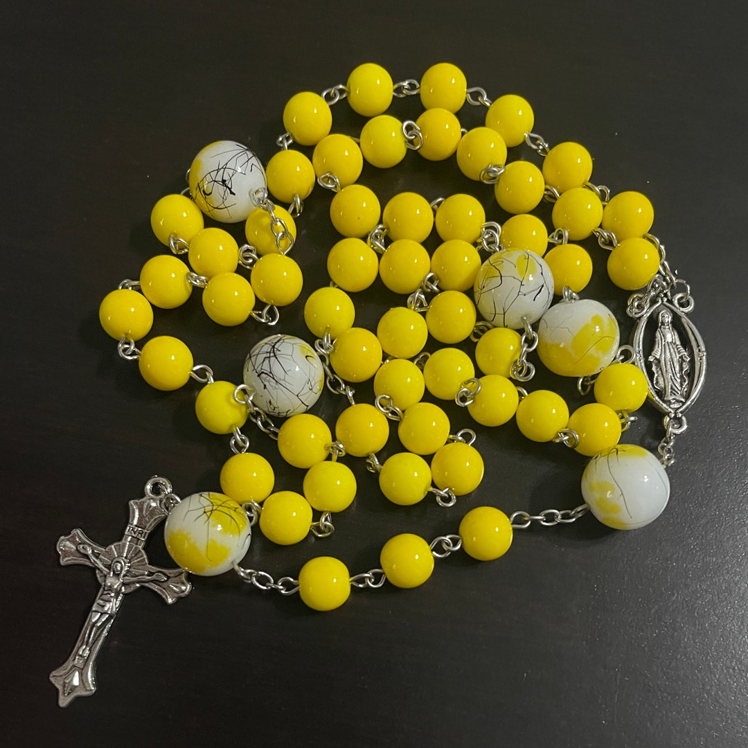 Handmade Modern Catholic Rosary- Yellow and White Spatter Artistic ...