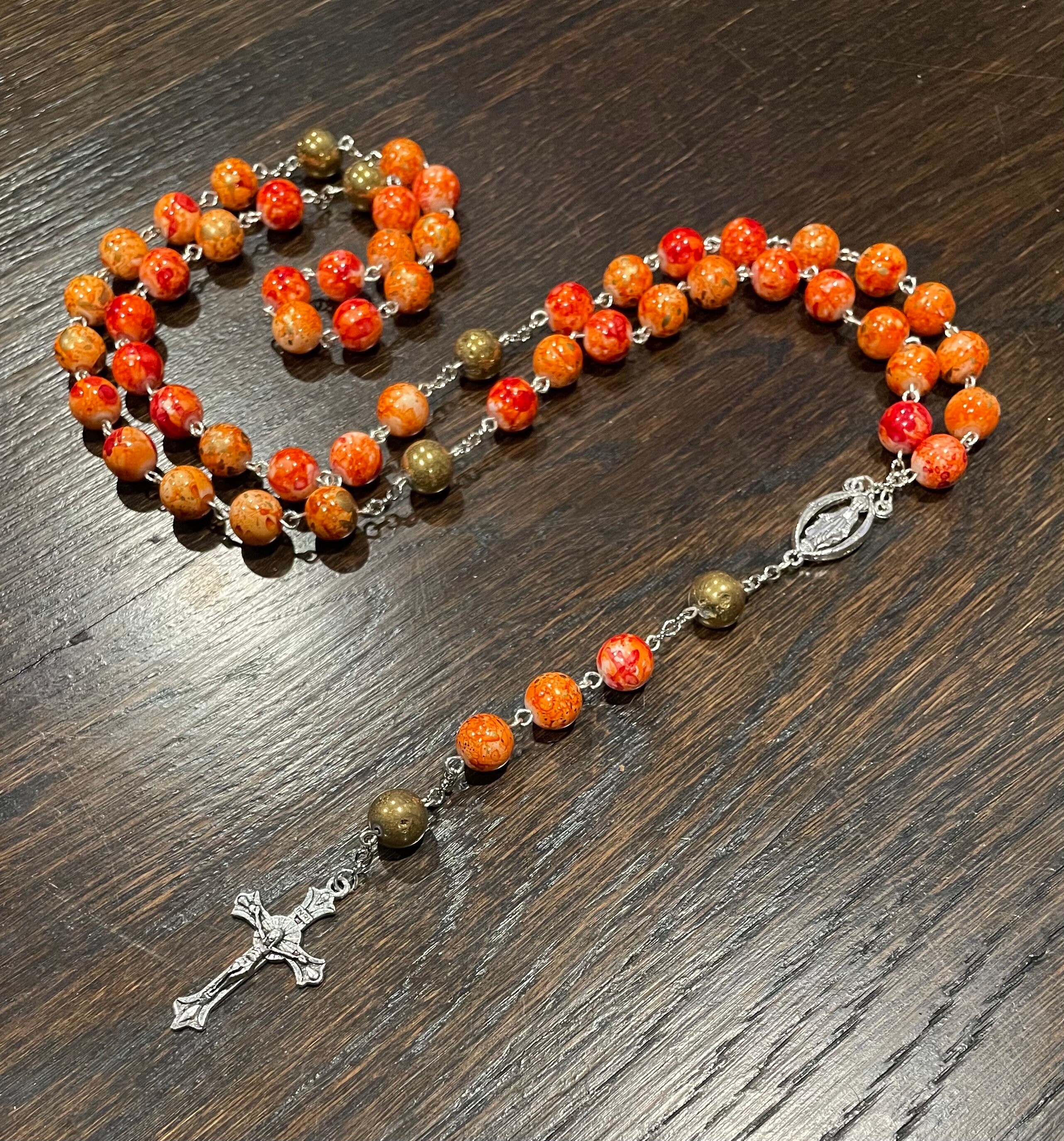 Handmade Glam Catholic Rosary- Gold and Orange Swirl, Gold Agate Round ...