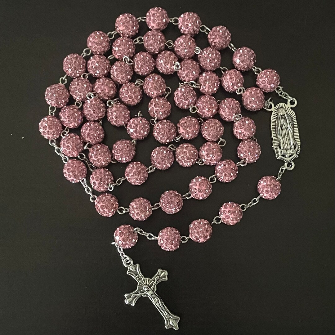 Handmade Pink Glam Rhinestone Rosary- Quinceañera Rosary, Shiny Pink ...