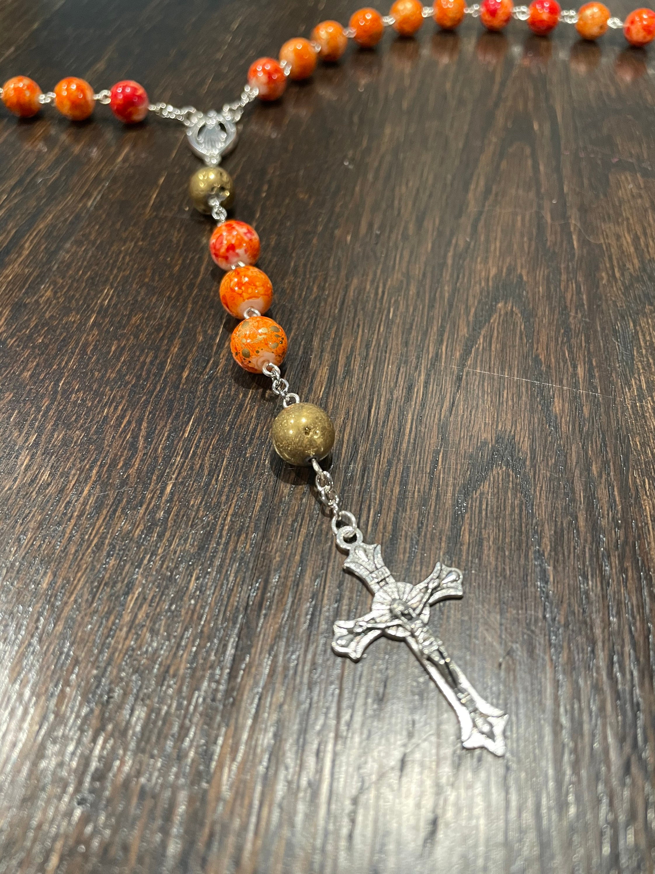Handmade Glam Catholic Rosary- Gold and Orange Swirl, Gold Agate Round ...