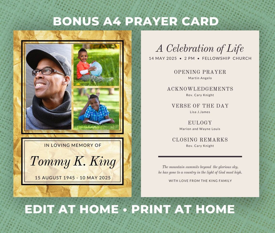 Gold Funeral Program | Gold Memorial Program Template W/ Bonus A4 Card ...