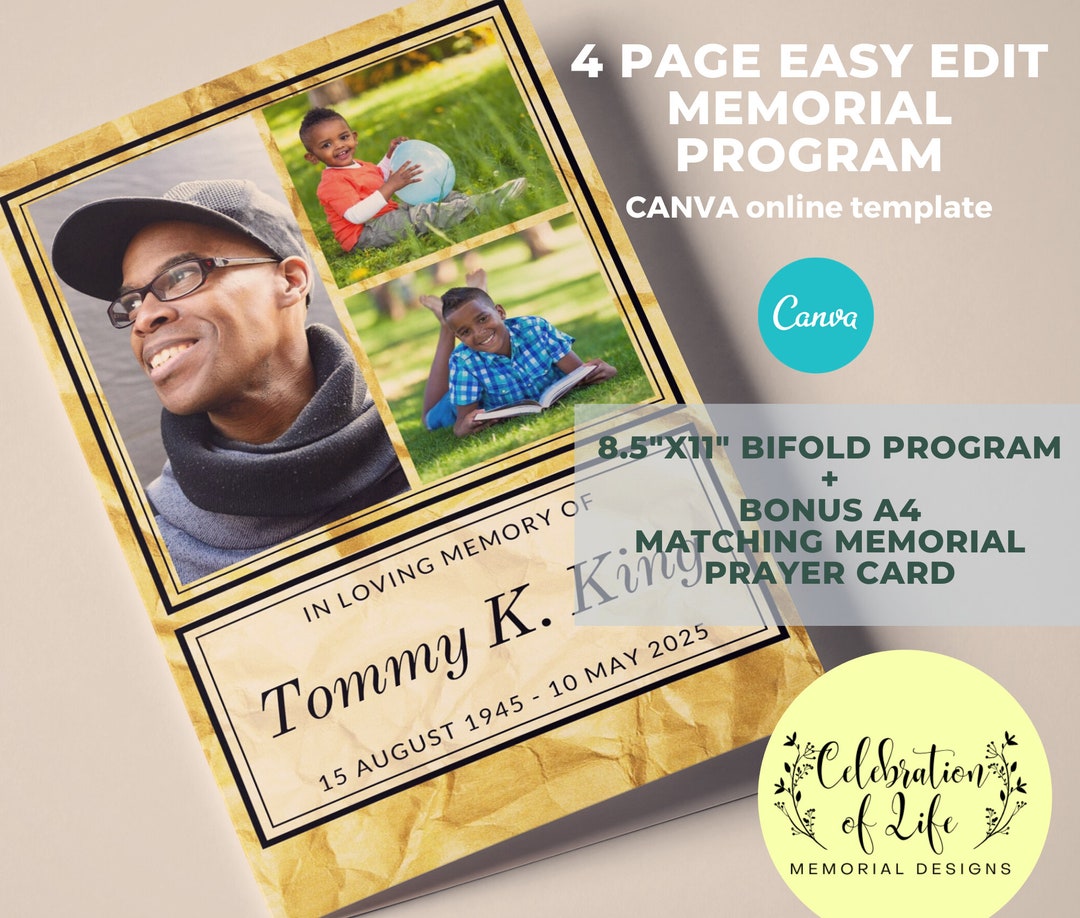 Gold Funeral Program | Gold Memorial Program Template W/ Bonus A4 Card ...