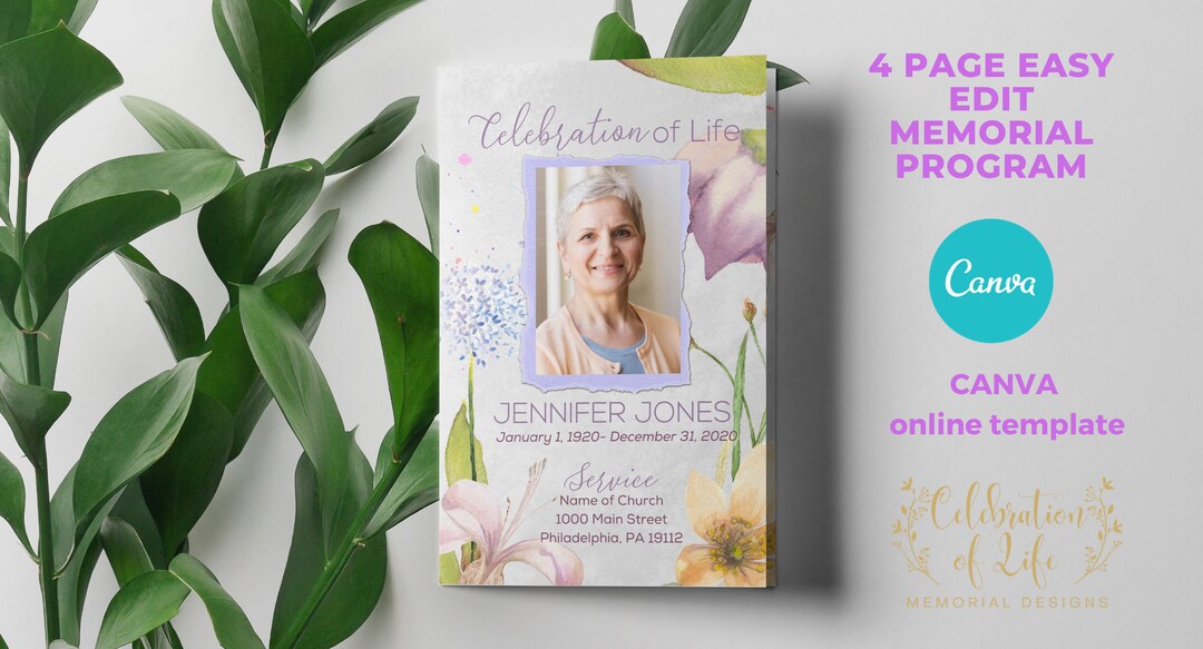 Watercolor Floral Funeral Program | Watercolor Floral Memorial Program ...