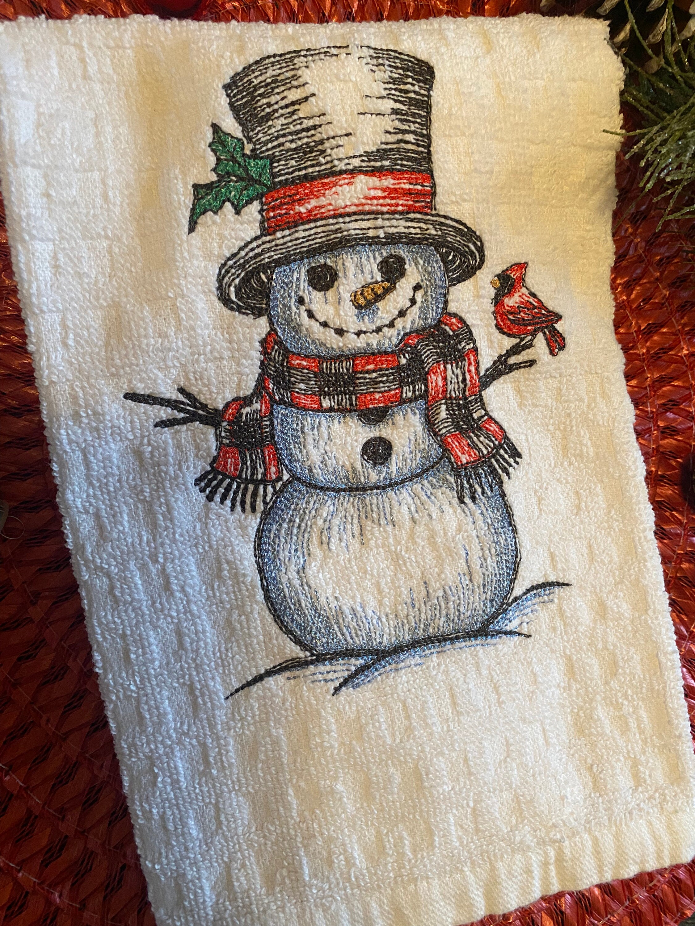Snowman Kitchen Towel Winter Design Kitchen Towel Snowman and Cardinal ...