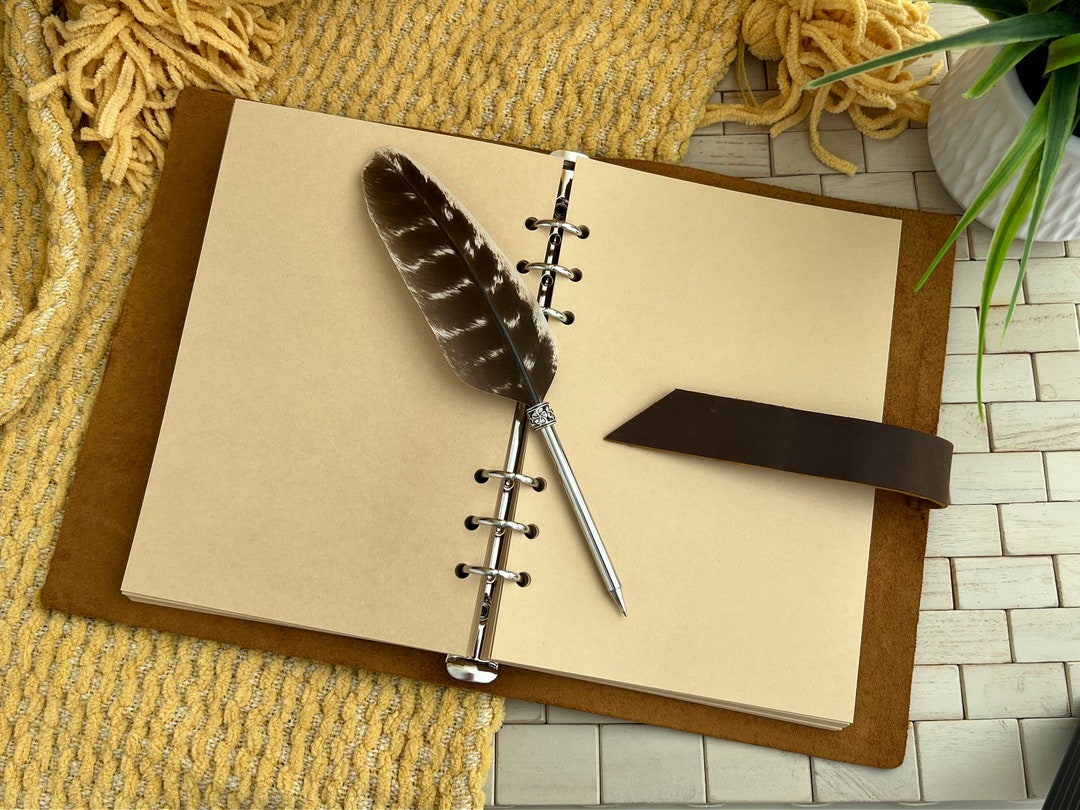 Refillable Leather Notebook A5 Genuine Leather Planner With Feather Pen ...
