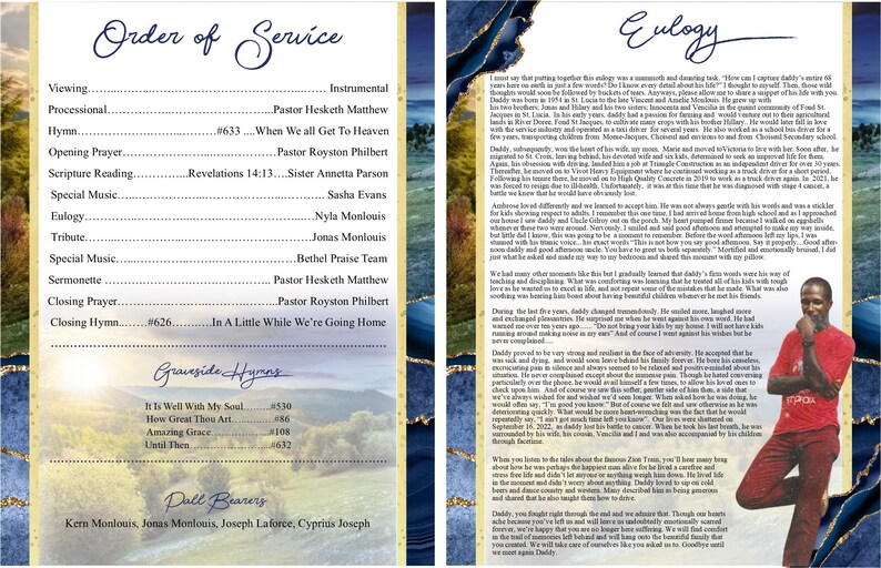 Blue and Gold Funeral or Memorial Tabloid Program Booklet Publisher ...