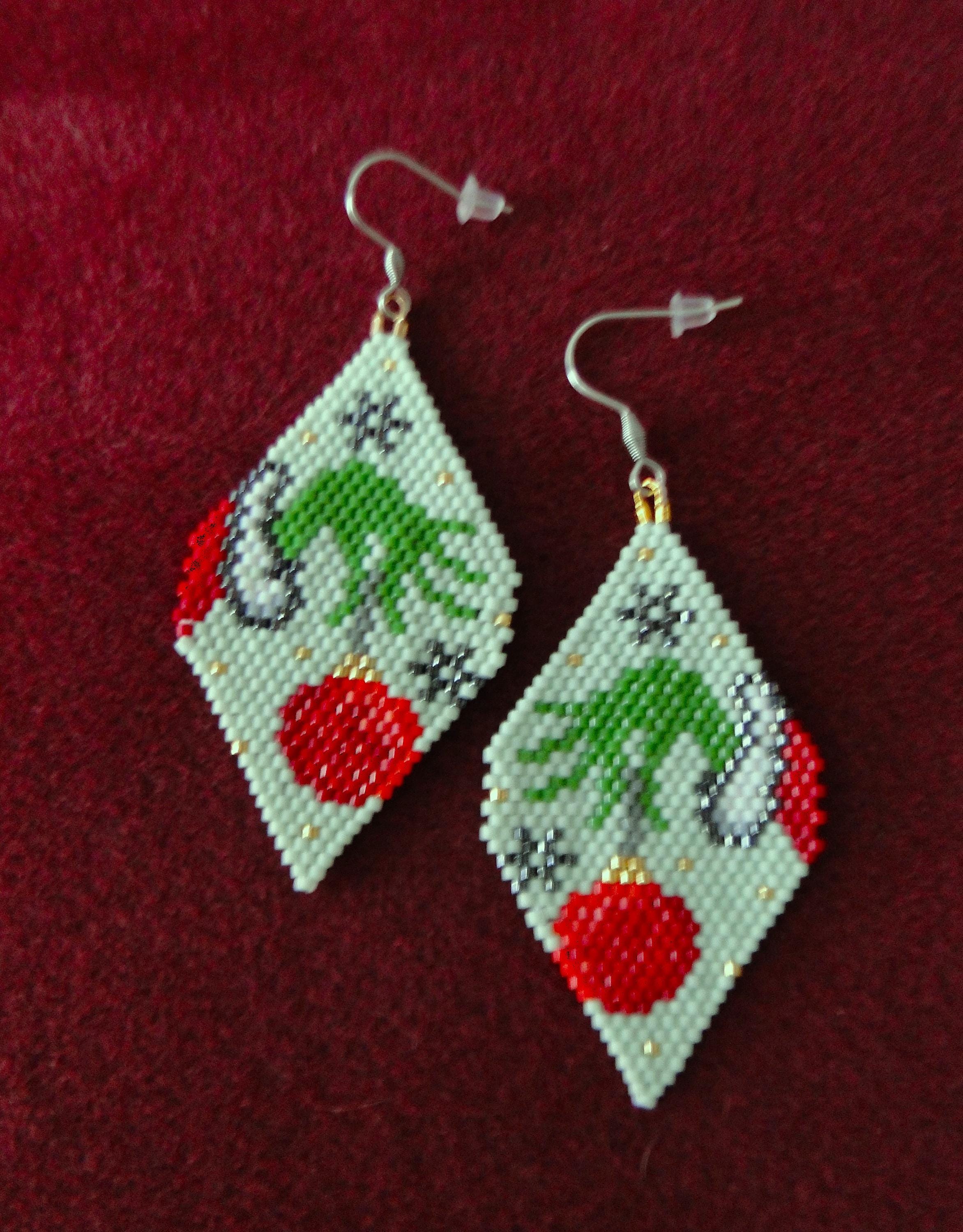 Glass Beaded Earrings, the Grinch, Handmade, Christmas Gift ...