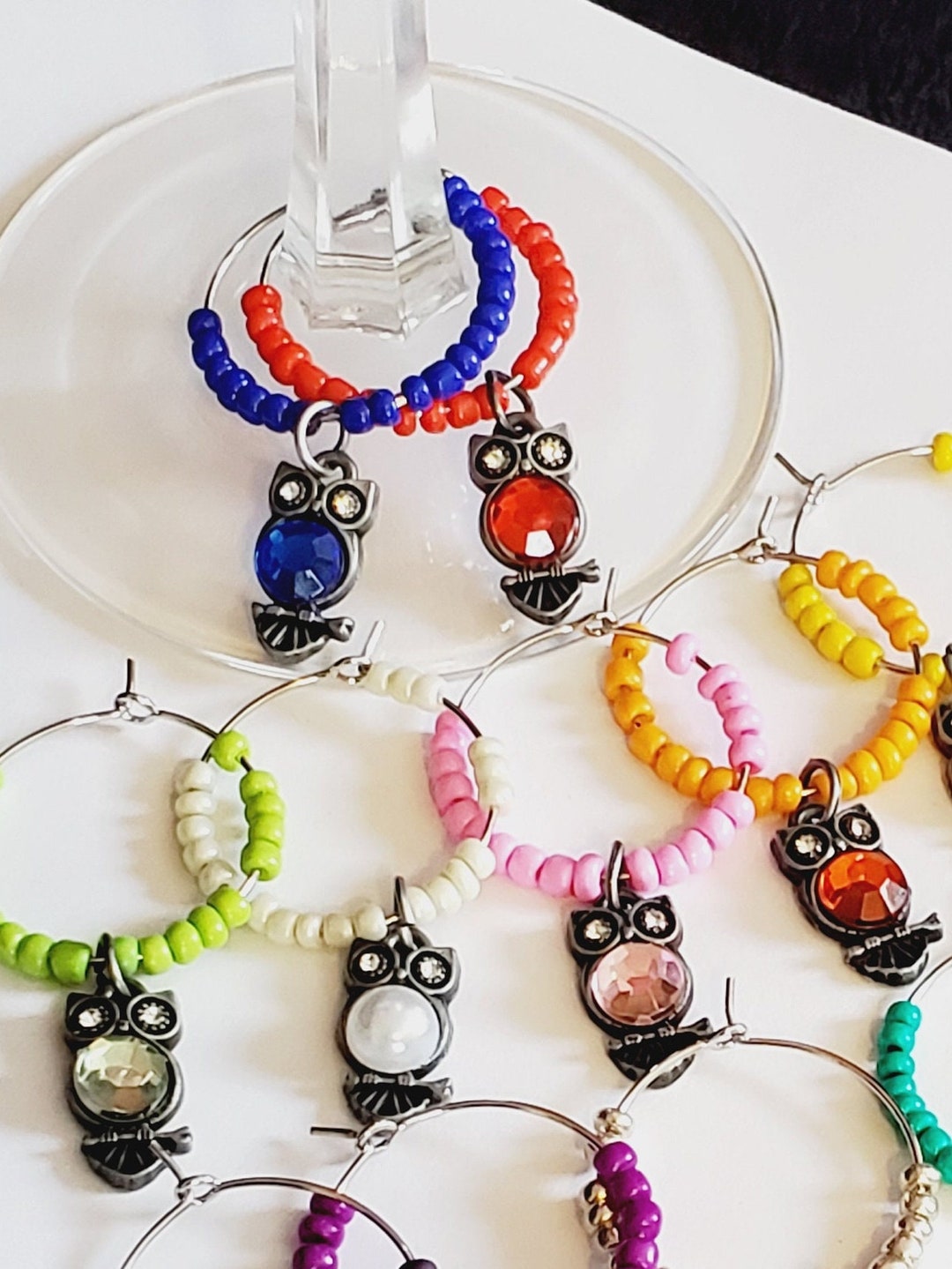 Owl Wine Charm Markers, Set of 12, Rainbow Coloured Gems and Seed Beads ...
