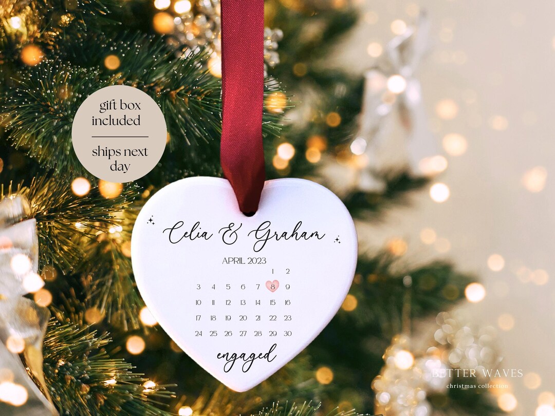Personalized Engagement Bauble With Date Heart First Christmas Engaged ...