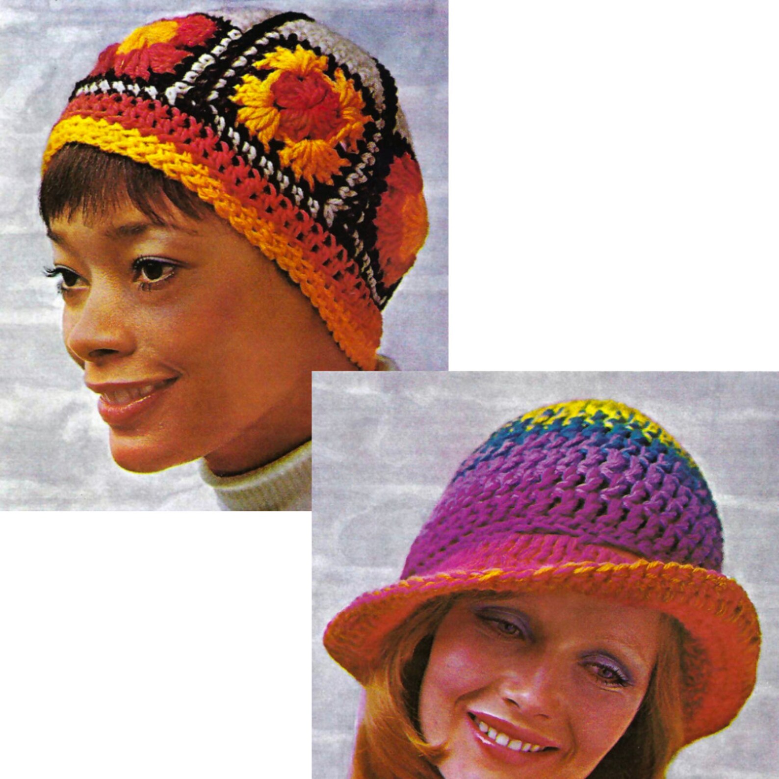 70s Granny Square Bucket Hats, 2 Pattern Set, Vintage 1970s Crochet ...