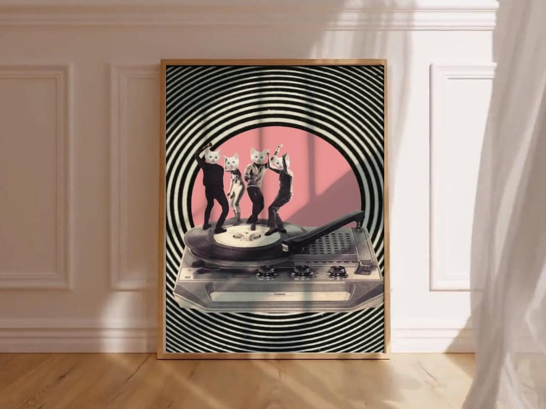Retro 70s Dancing Cats Wall Art Print Surreal Vintage Cat Collage ...