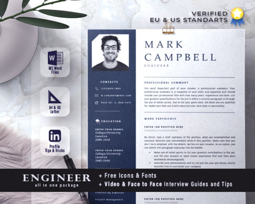 Engineering Resume Template, Modern Resume, Instant Download, Word ...