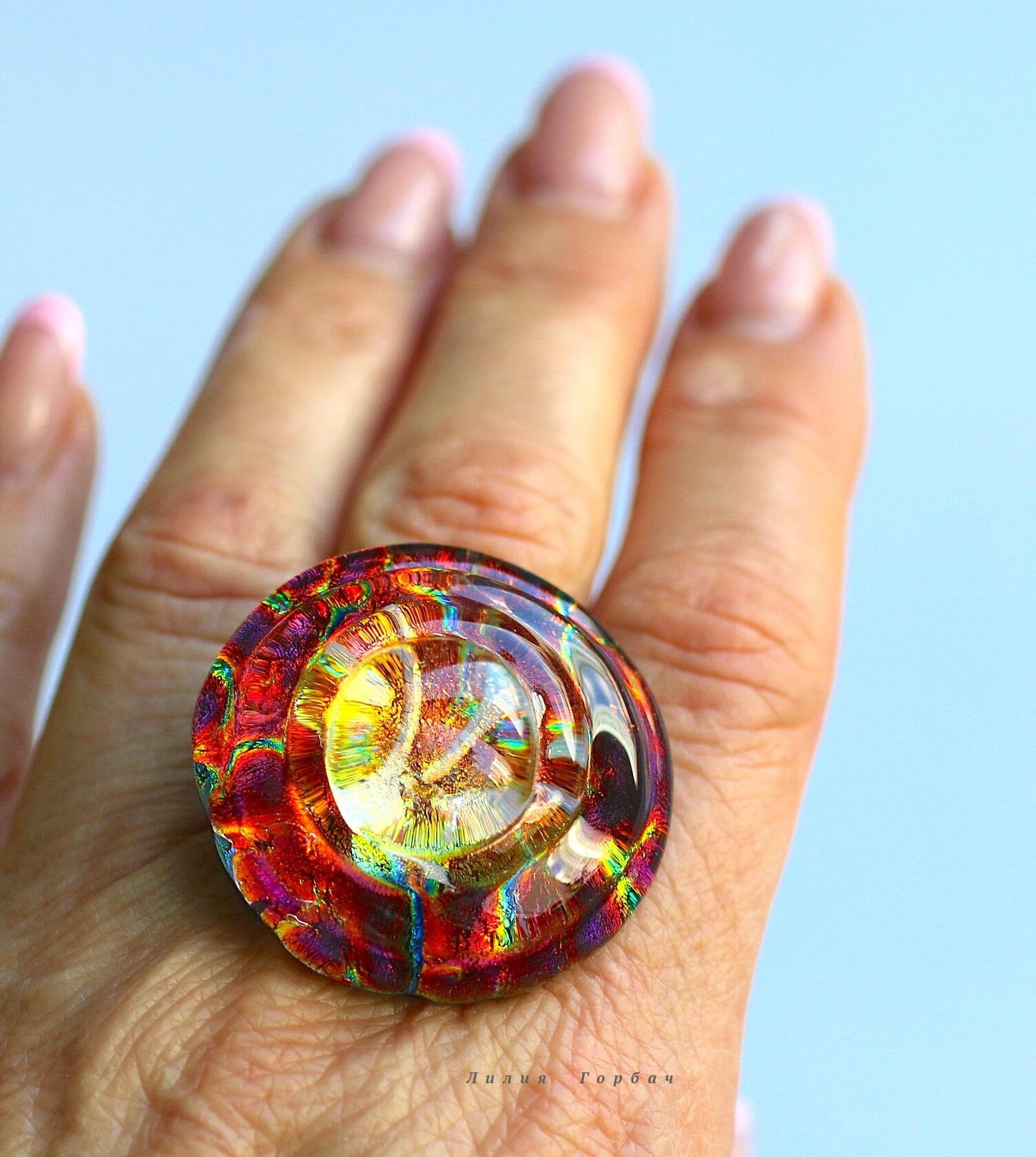 Sparkling Large Cocktail Ring Sunset Autumn Trends Handmade Unique Red ...