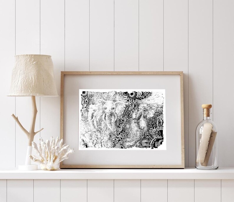 Unique Pointillism Art Drawing Safari Animal Art Elephants | Etsy