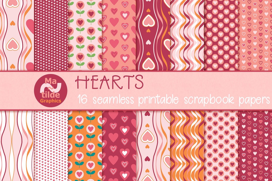 Hearts, 16 Seamless Printable Heart-patterned Papers for Scrapbooking ...