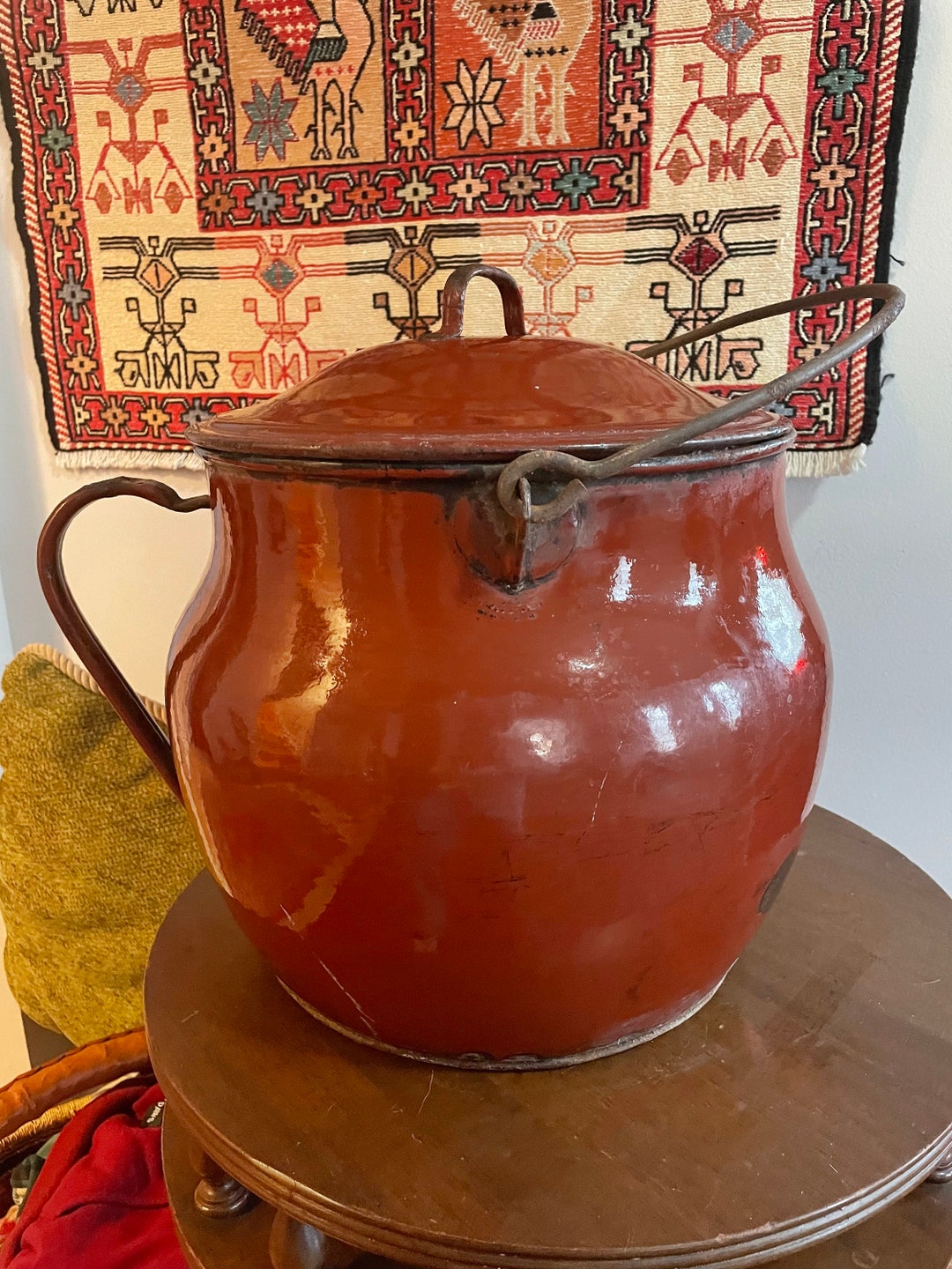 Rare Antique 3-gallon Red Enamel Cauldron Vintage Hanging Red ...