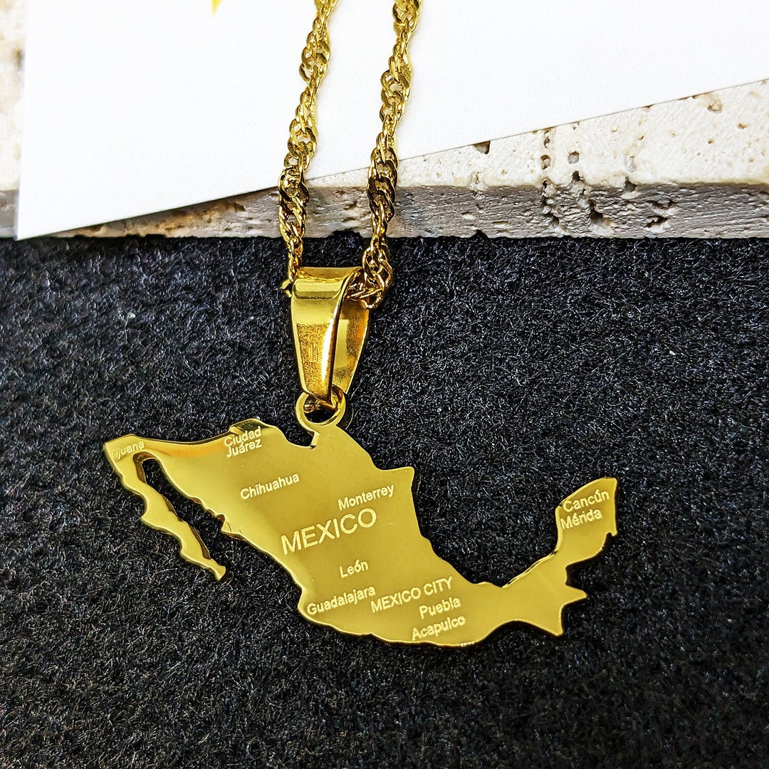 18K Gold Plated Mexico Necklace With City Map, Mexico Necklace, Mexico ...