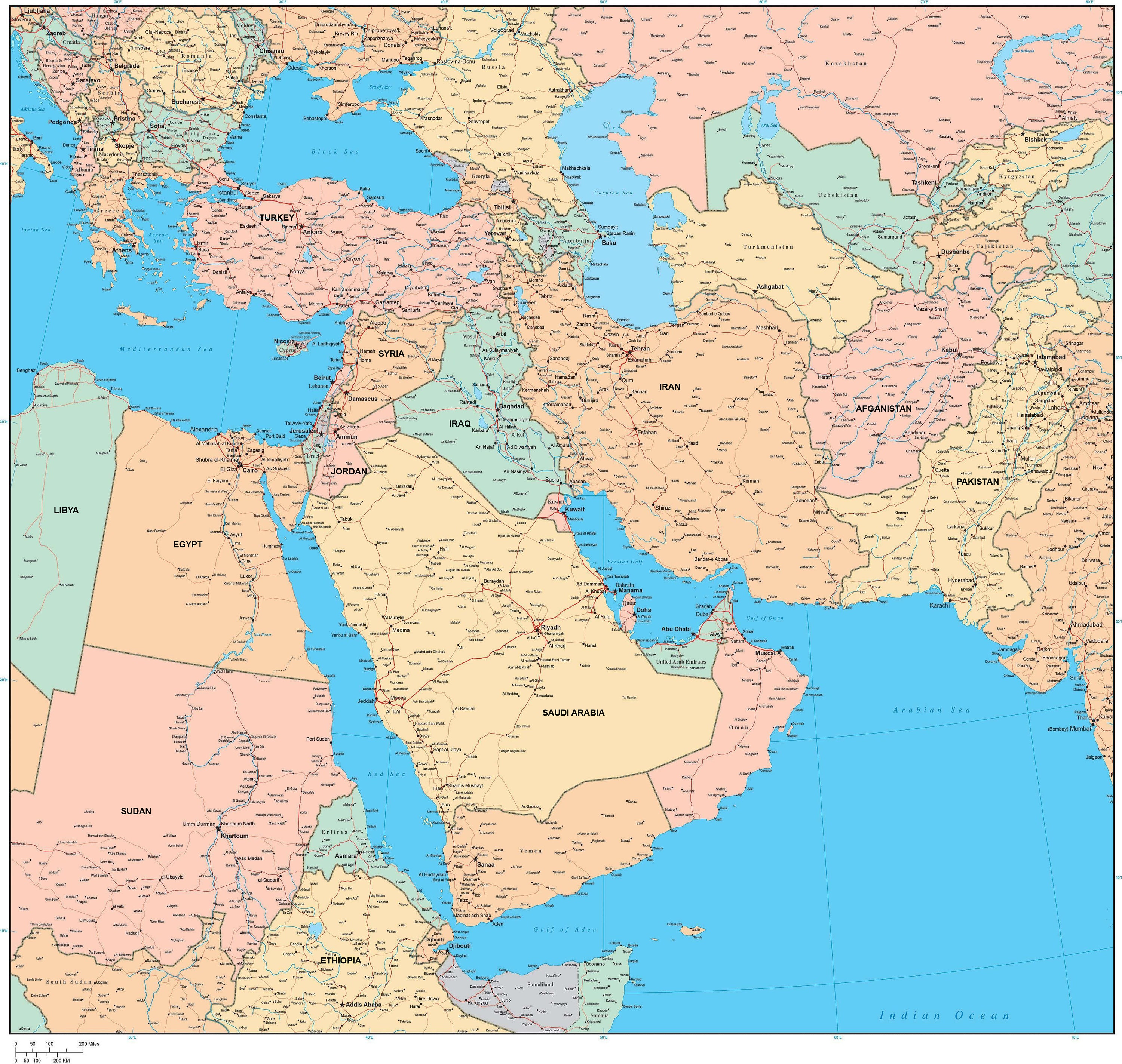 Middle East Large Detailed Map Photographic Print Poster | Etsy