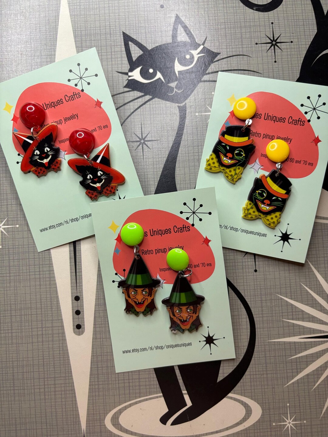 Bakelite Halloween Fakelite Witch and Cat Earrings 1950 Vintage ...