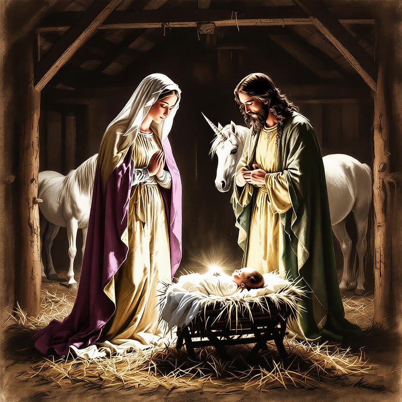Virgin Mary & God in an Old Barn Looking Down at Baby Jesus in His Crib ...