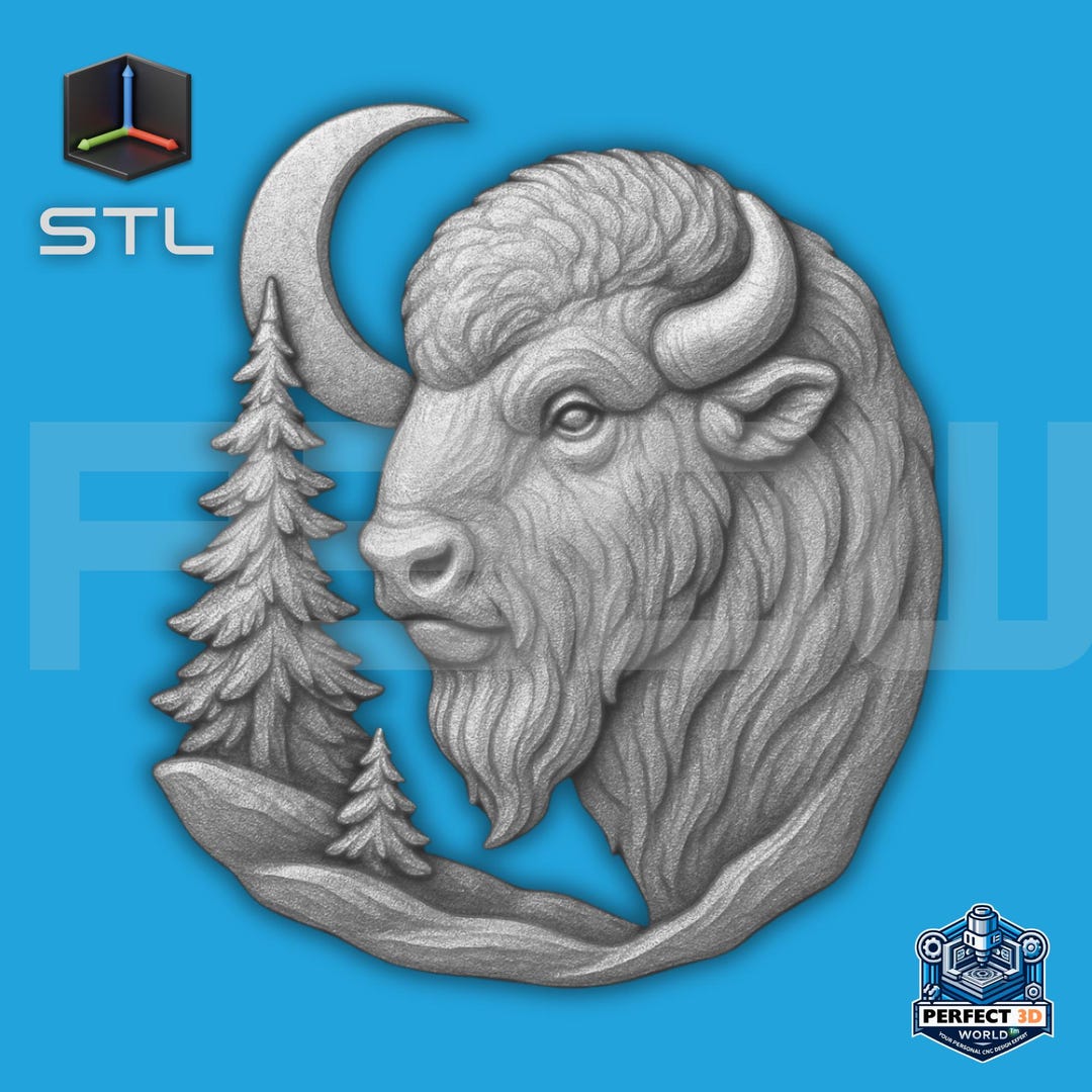 Bison STL Model – Crescent Moon Buffalo Relief for CNC and 3D Printing ...