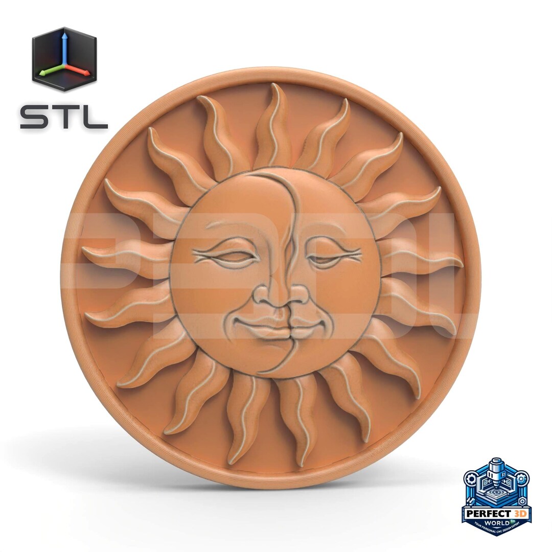 Sun and Moon Face STL Relief Medallion Celestial Round Carving for CNC ...