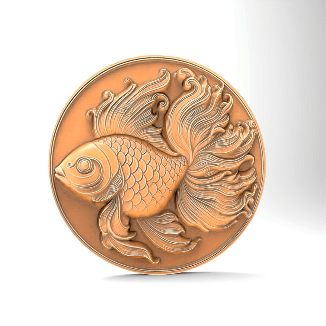 3D Elegant Round Coin Goldfish Intricate Wall Plaque STL File for CNC ...