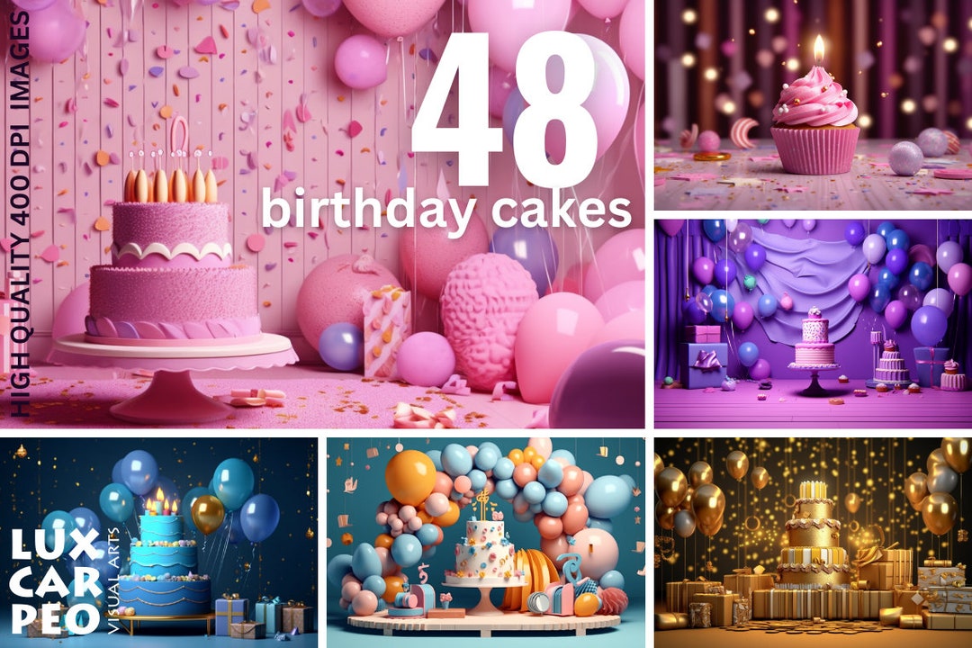 48 Birthday Cake Digital Backdrops, Bundle Valentine Backdrop Overlays ...