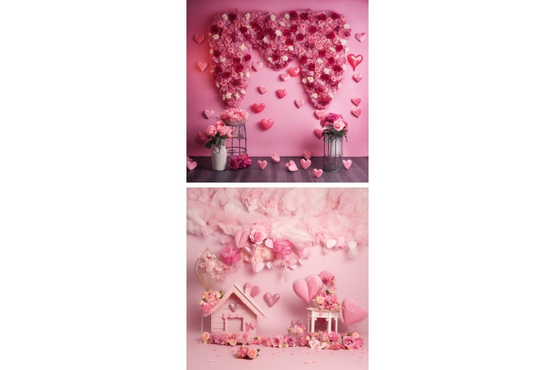 20 PINK Digital Backdrops, Bundle Floral Valentine Backdrop Overlays ...
