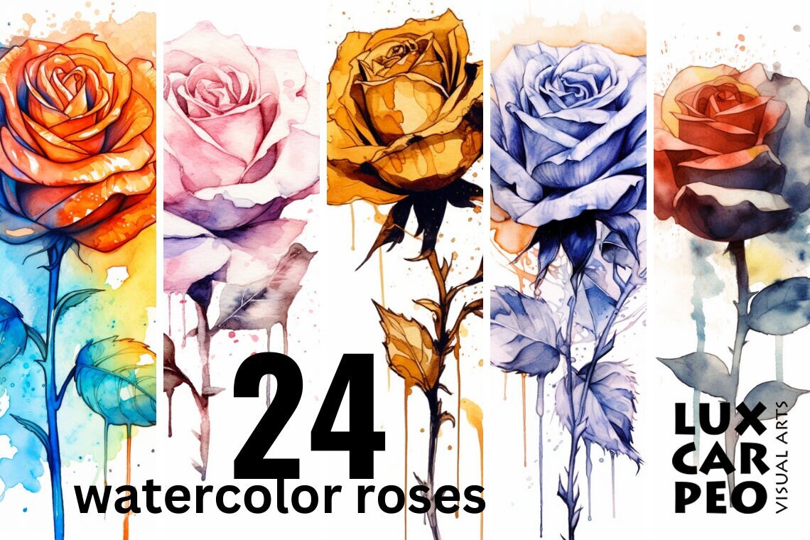 24 Rose Clipart, Funky Roses, Watercolor Roses, PNG 400dpi Files ...