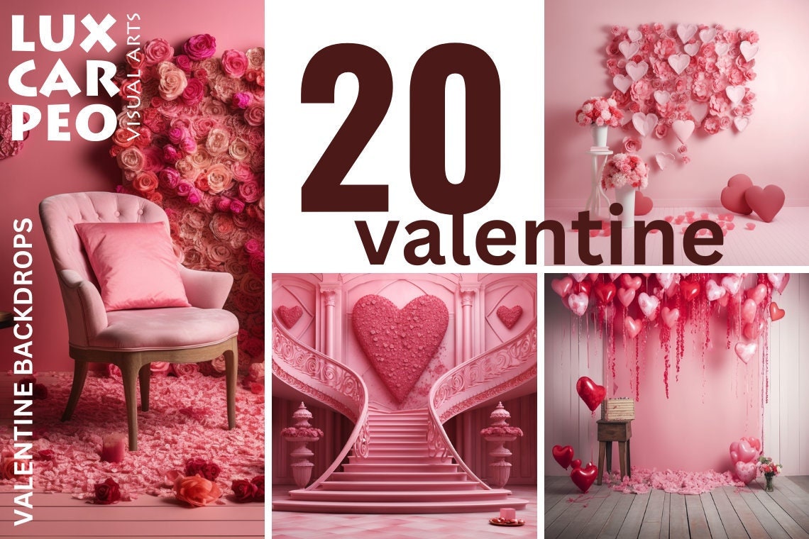 20 PINK Digital Backdrops, Bundle Floral Valentine Backdrop Overlays ...