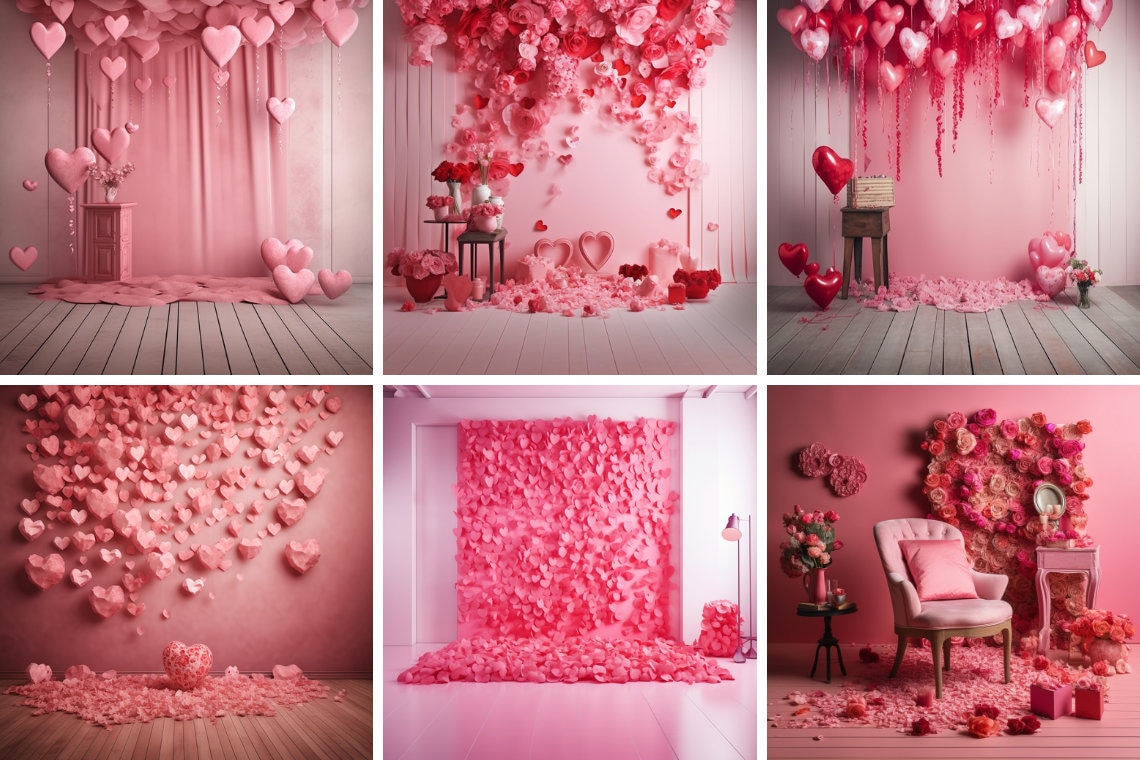 20 PINK Digital Backdrops, Bundle Floral Valentine Backdrop Overlays ...