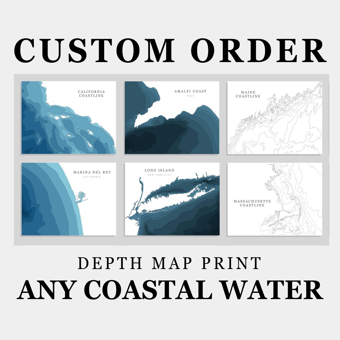 CUSTOM Costal Water Depth Map Photo Print or Canvas | Modern Minimalist ...