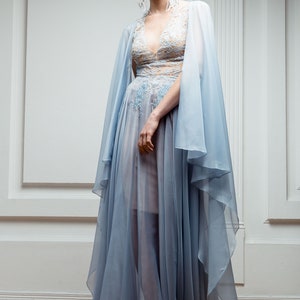Long Sky Blue Evening Dress in the Greek Style With Detachable Shoulder ...
