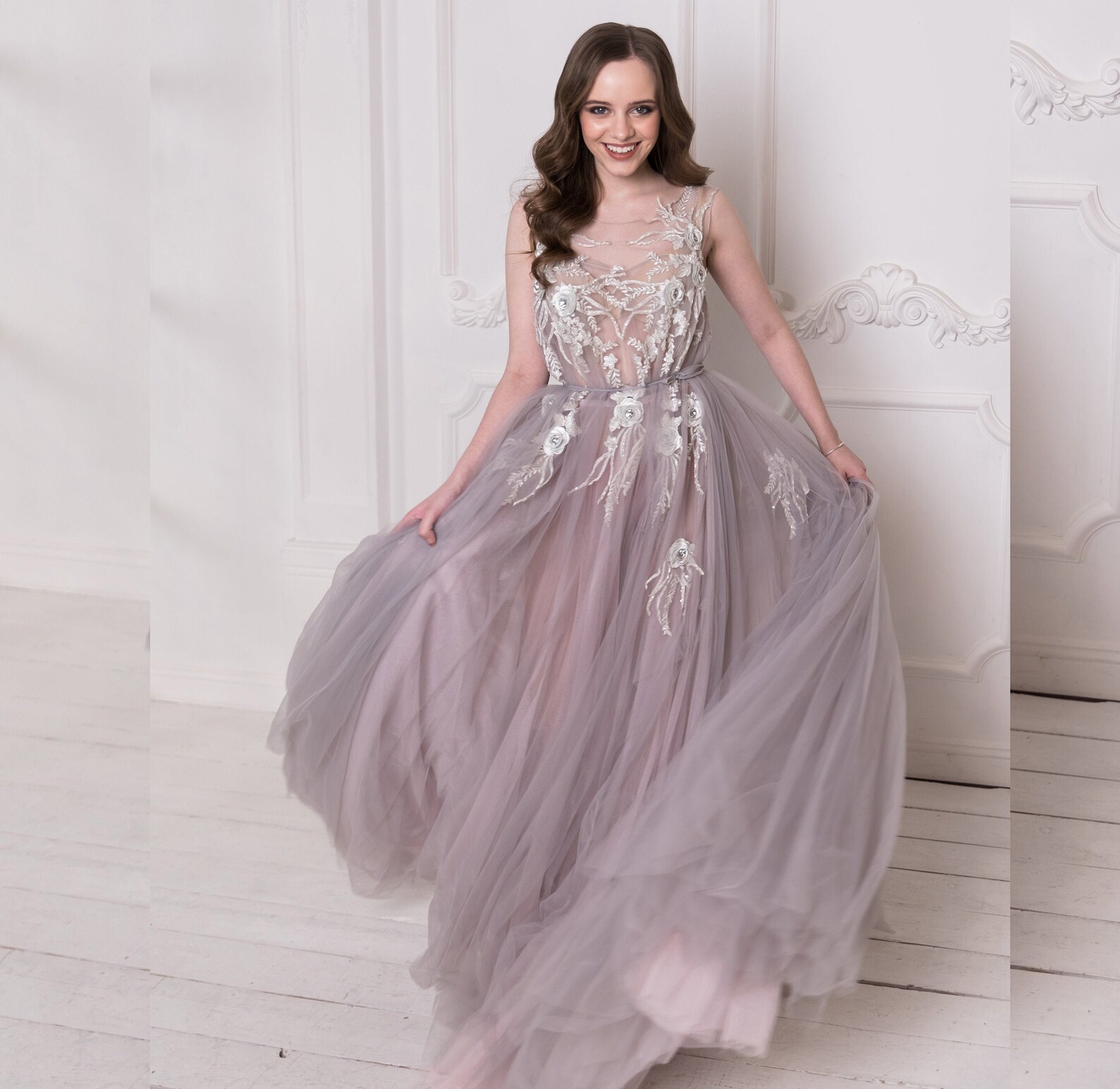 Tulle Wedding Dress, One Size Dress, Plus Size, Gray Evening Gown ...
