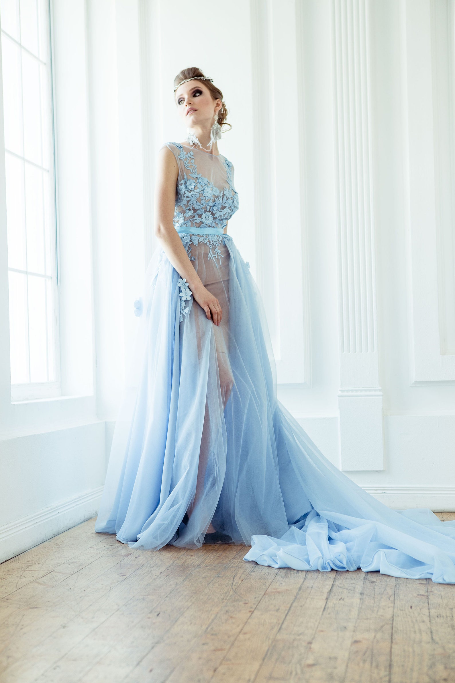 Deep V Neck Open Back 3d Lace Evening Blue Dress With Removable Long ...