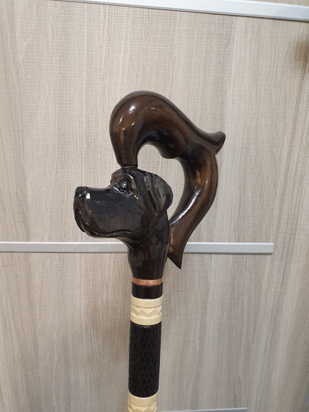 Black Labrador Walking Stick, Handmade, Wood Carved Black Labrador ...